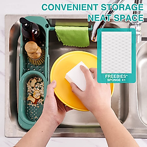 NiHome Telescopic Sink Caddy Adjustable Sponge Holder for Kitchen Sink Expandable Storage Drain Basket Sink Organizer Holder Dish Cloth Hanger for Home Kitchen (Green)