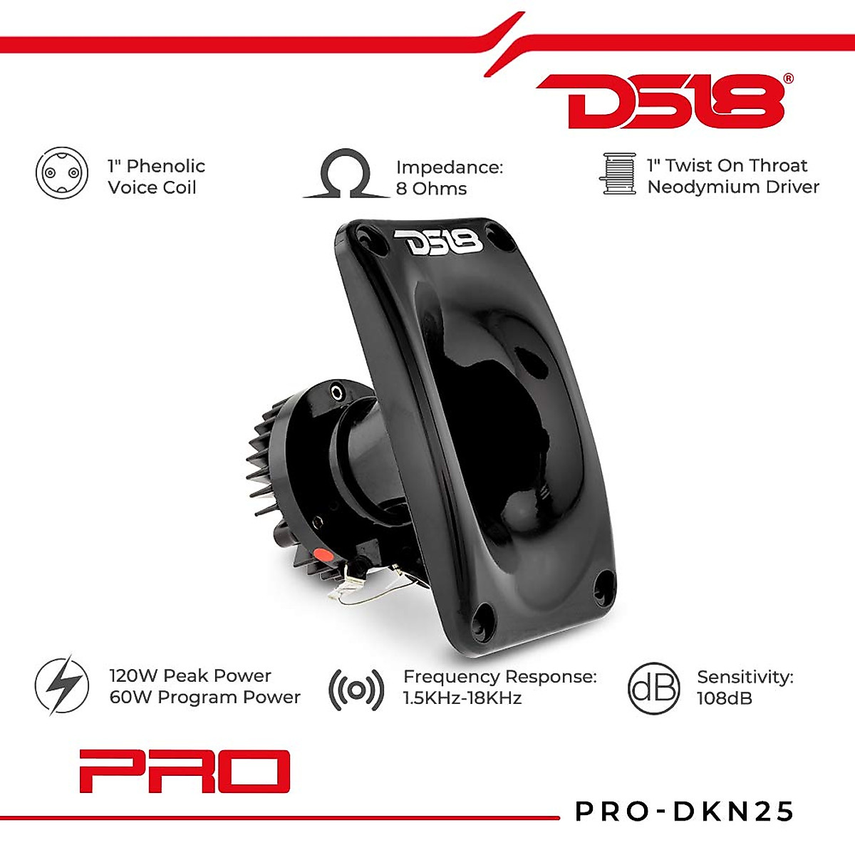 DS18 PRO-DKN25 Neodymium Driver with Aluminum Horn - 1", 120W Max Power, 60W RMS, 8 Ohms, 1" Voice Coil, Phelonic Diaphragm - No Other Compression Driver Can Compare (Single)