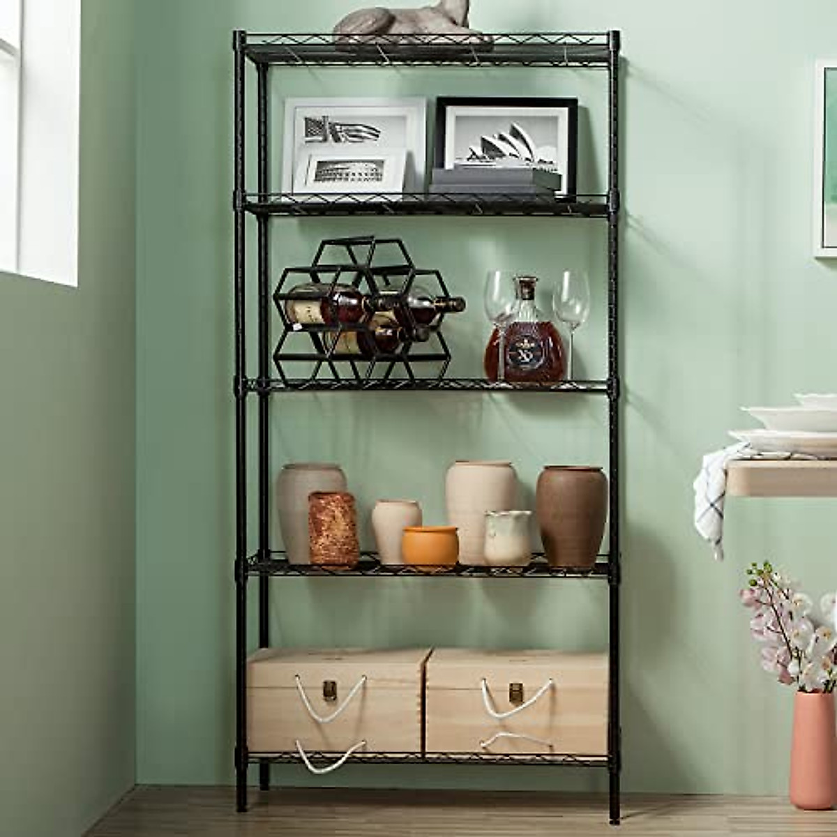 SINGAYE 5 Tier Storage Rack Wire Shelving Unit Thicken Heavy Duty Storage Shelves for Pantry Closet Kitchen Laundry 880Lbs Capacity 13.38"x 23.22"x 59.05"(DxWxH) Black
