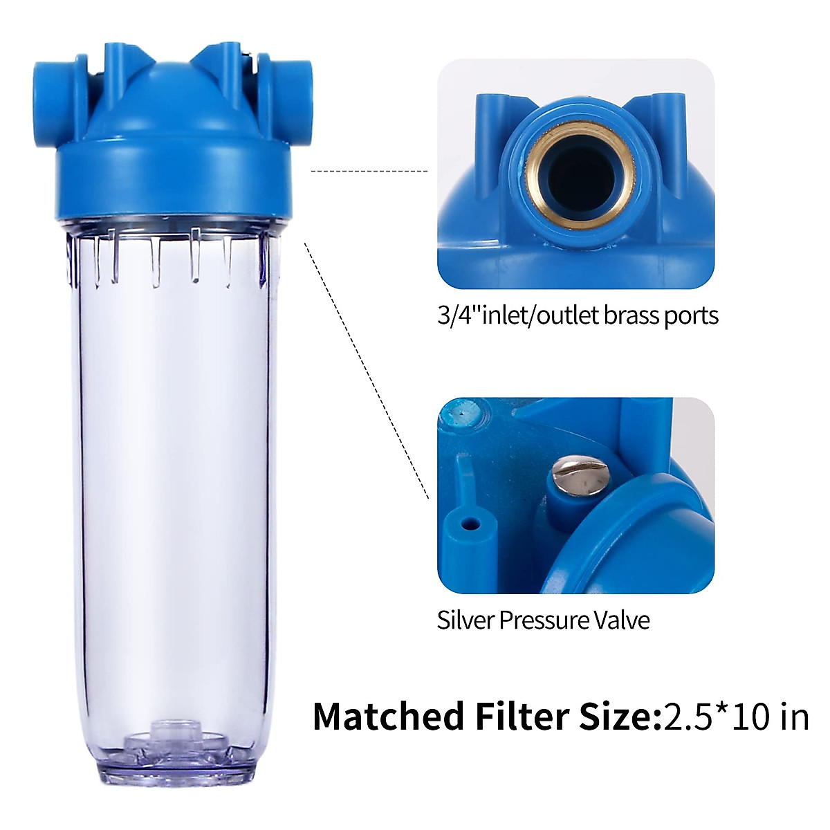 Geekpure 10-Inch Whole House Clear Water Filter Housing - 3/4"NPT Brass Port-Fit for 2.5" x 10" Filters (1)
