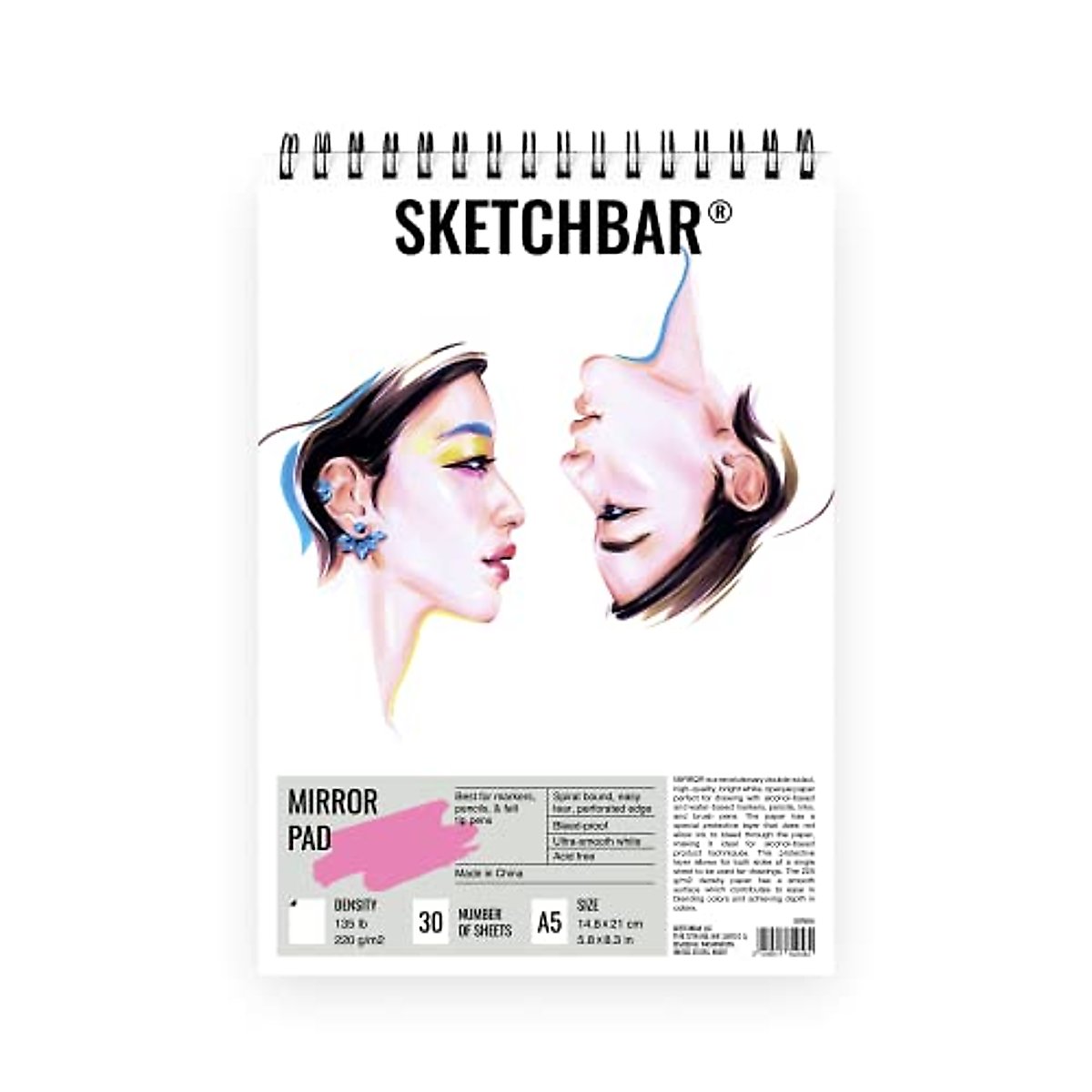 SKETCHBAR Mirror PAD A5, use 100% of Your Sketchbook, 220 g/m2, Extra Smooth, bleedproof Technology Allows You to use Every Side of Every Page, Ideal for Artists, Illustrators, Drawing