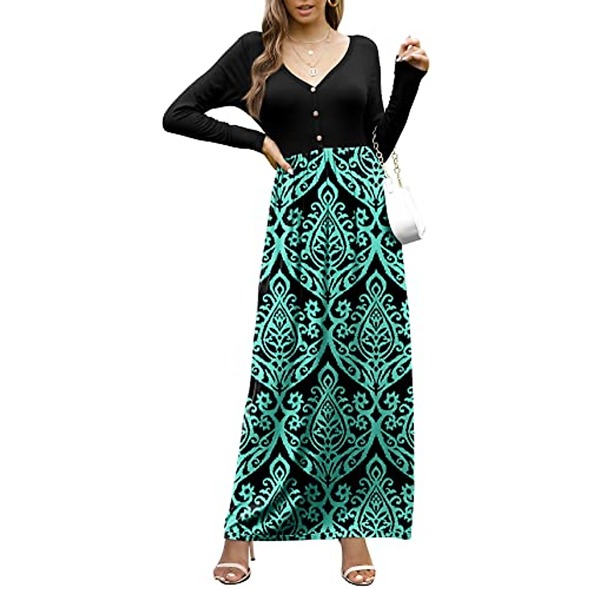 GRECERELLE Women's Long Sleeve Casual V Neck Plain Floral Print Maxi Dresses with Pockets Long Dress