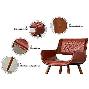 ARTPLAN Mid-Century Modern Accent Bamboo Small Arm Chair with PU Upholstered Dining Chair for Living Room, Set of 2