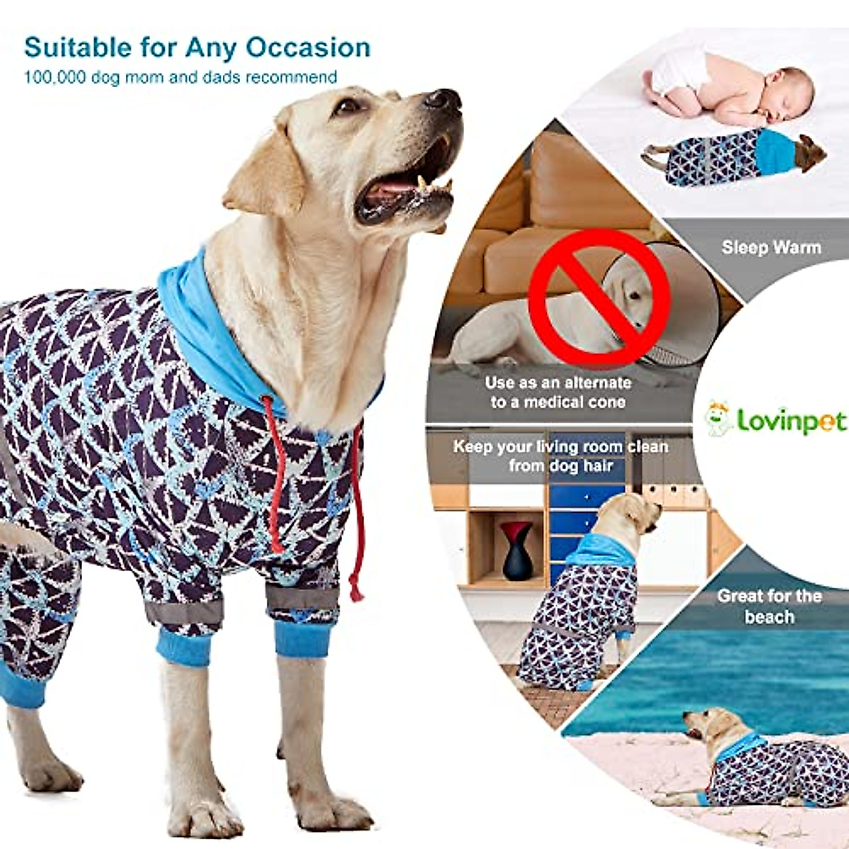 LovinPet Large Pitbull Dogs Onesies - Wound Care/Post Surgery Dog Clothes,Anxiety Relief Shirt for Dogs, Large Breed Dog Jammies, Lightweight Stretchy,Reflective Stripe,Brown Shark Print, Pet PJ's/XL