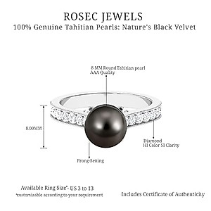 Rosec Jewels Real Tahitian Pearl Solitaire Ring with Diamond, 9 cttw, Aaa Quality, 14K White Gold, Size:US 9.00