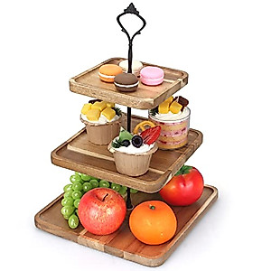 3 Tier Square Cupcake Stand Acacia Wood Serving Stand Wooden Three Tiered Cake Stand Dessert Stand for Party Wedding 3 Tier Tray Farmhouse Cup Cake Holder Display Stand
