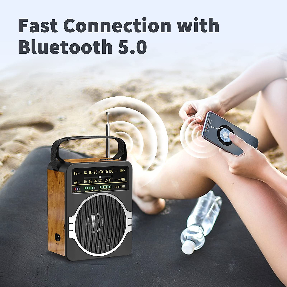 JEUJUG Portable AM FM Radio, Bluetooth 5.0 Radio 5 Watts Loud Speaker,Rechargeable FM Radio Built-in Rechargeable Battery/DC D*4 Cell Battery Operated & AC Power Plug in Wall Radio Retro