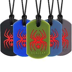 Xtra Tough Spider Sensory Chew Necklace for Kids (5 Pack) - Chewing Necklace Teething Teether Necklace Chew Toys - Designed for Chewing, Autism Sensory Teether Toy (Moderate & Aggressive Chewer)