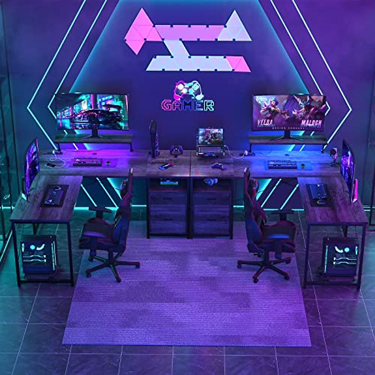 Unikito L-Shaped Desk with Power Outlet and LED Strip, L Shaped Computer Corner Desk with Reversible File Drawer and Monitor Stand, Gaming Table Writing Desk for Home Office Workstation, Black Oak