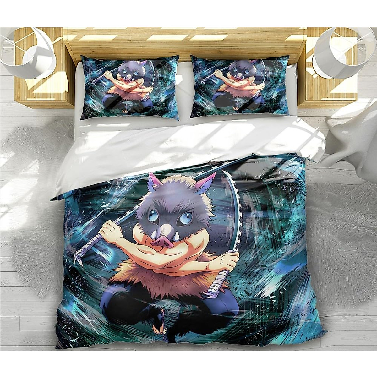 NICHIYOBI Demon Killer Inosuke Beast Breathing Inoko Duvet Cover Set 3D Bedding Comforter Cover 3 Pcs (1 Duvet Cover+2 Pillowcases) Bedding Set (11,Full-80x90in+20x30in*2)