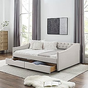 YUNLife Full Size Upholstered Daybed with Two Storage Drawers,Full Polyester Sofa Bed Storage Daybed Frame with Button on Back and Copper Nail on Waved Shape Arms for Bedroom Guest Room