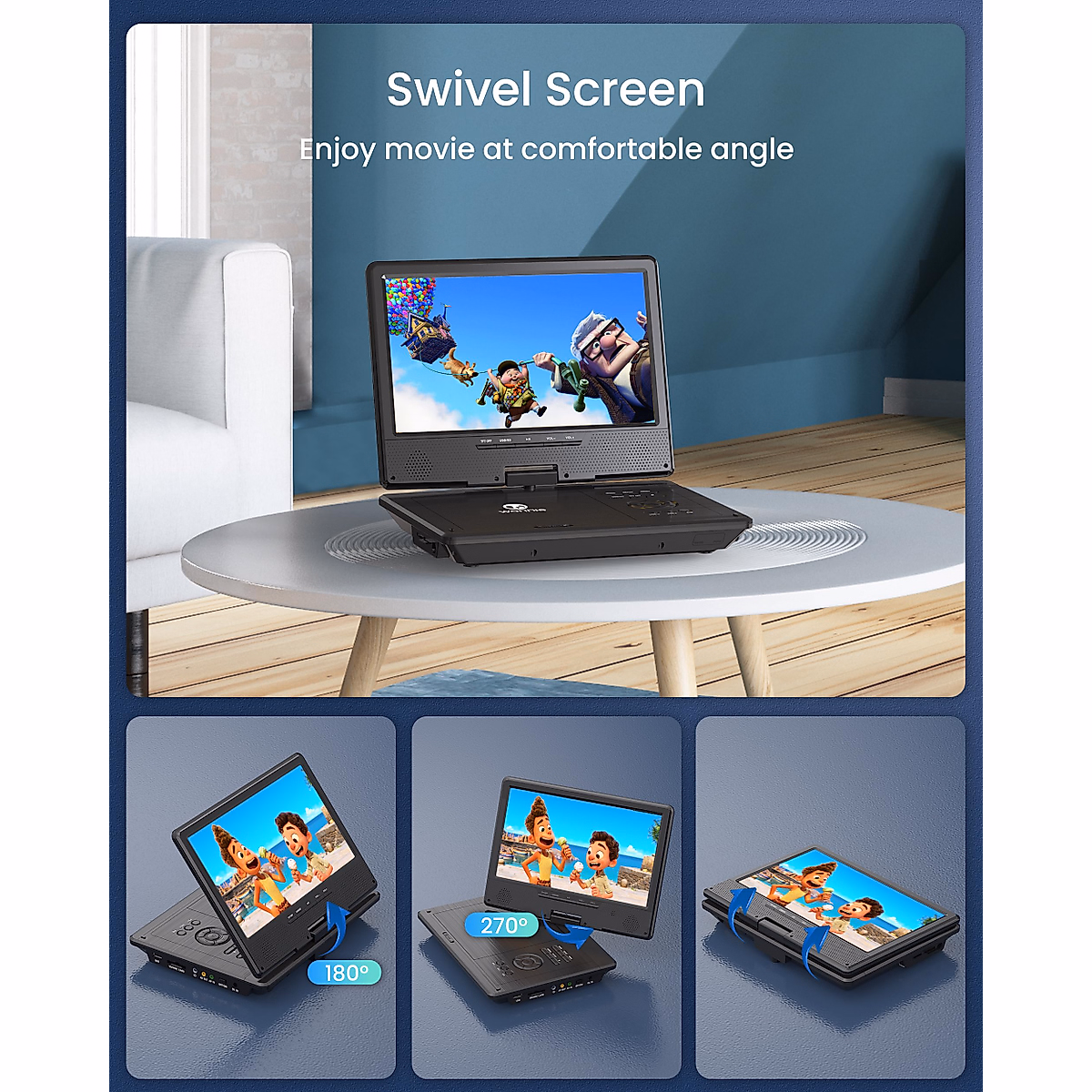 WONNIE 12.5" Portable DVD Player with 10.5" Swivel HD Screen,with Car Headrest Case,5-Hour Built-in Rechargeable Battery,Car Charger & AC Adapter, Supports USB/SD Card/Sync TV, Regions Free