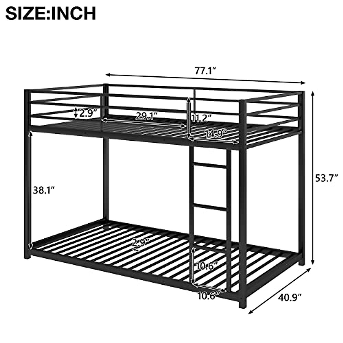 Twin Over Twin Metal Bunk Bed Frame with Safety Guard Rail and Ladder, Space-Saving, No Box Spring Needed, Noise Free (Black)