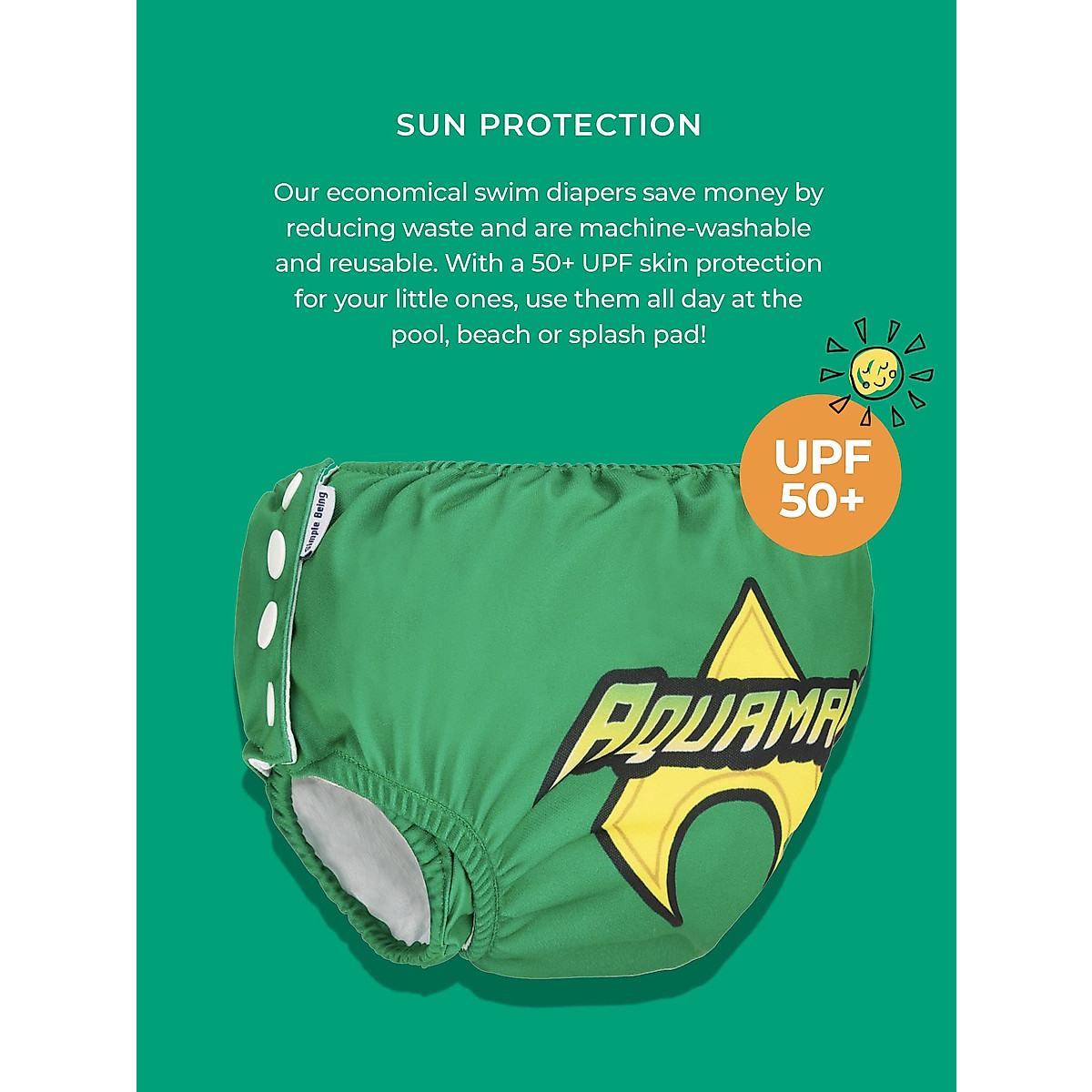 Simple Being Adjustable Snap Reusable Swim Diaper, Double Gusset (DC Aquaman 6 Months)
