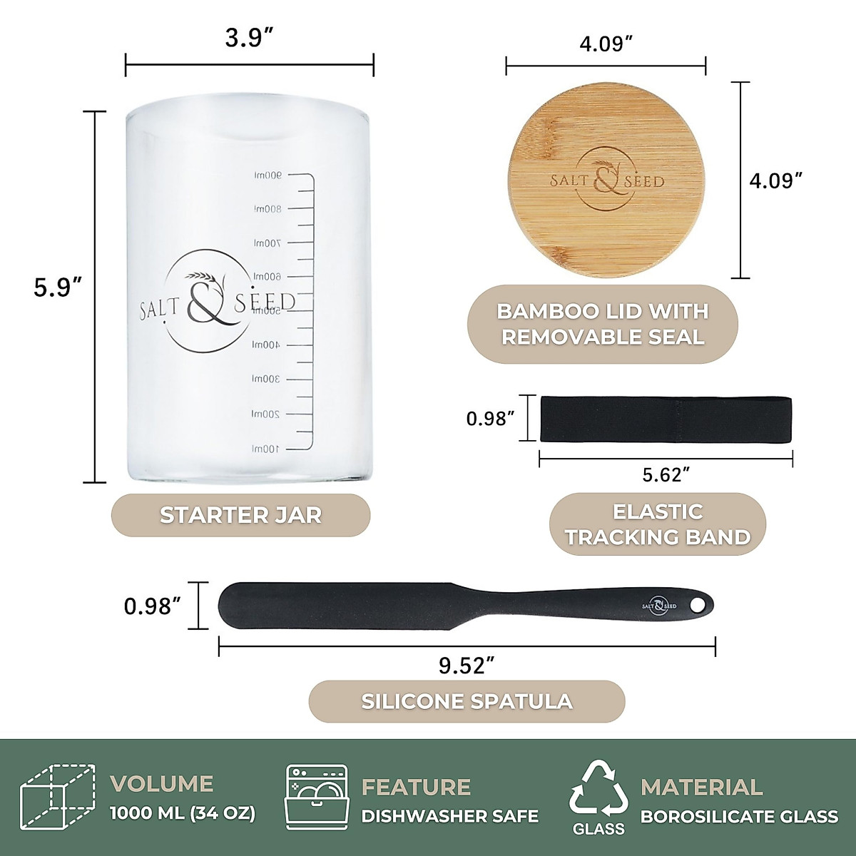 Essential Sourdough Starter Jar Kit (34 oz.) - Sourdough Jar Wide Mouth with Black Silicone Spatula, Elastic Tracking Band, and Bamboo Lid- Sourdough Kit - Sourdough Starter Kit Beginners