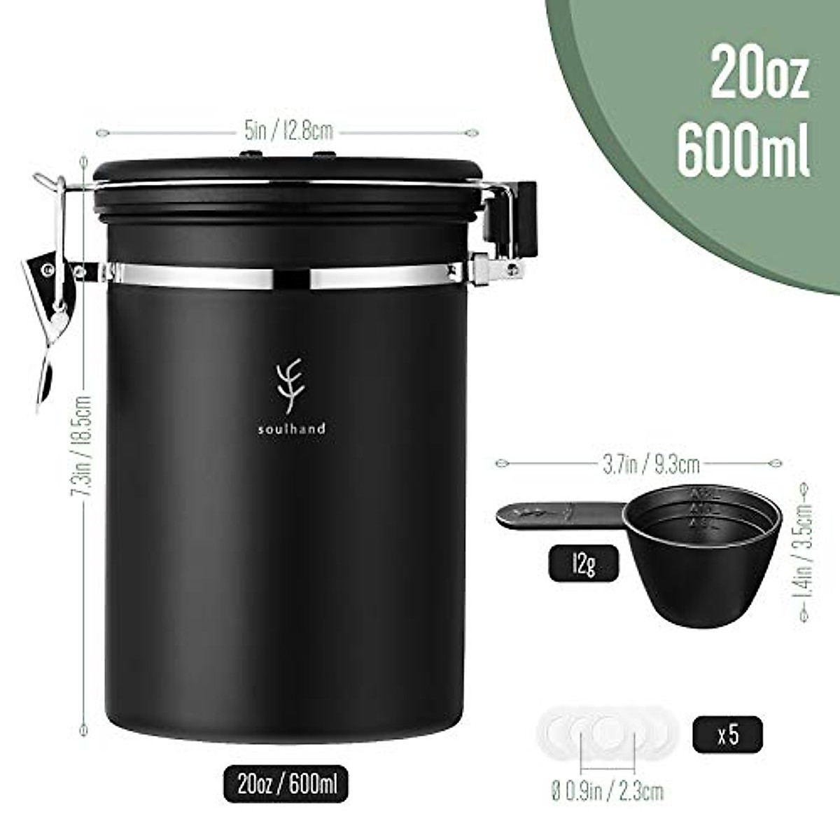 Soulhand Coffee Canister, Stainless Steel Airtight Coffee Storage Container with Scoop, Date Tracker and Information Card, Coffee Canister Coffee Accessories for Beans, Sugar and Tea-22oz/660g(Black)