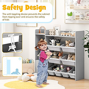 Costzon Kids Toy Storage Organizer, 4-Tier Kids Bookshelf with 8 Toy Organizer Bins, Montessori Shelf with Large Cabinet, Toddler Book Shelf, Children Bookcase for Playroom, Nursery, Daycare (Grey)