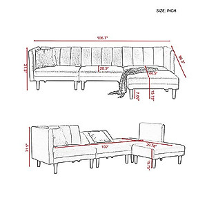 FREESNOOZE 106'' Velvet Reversible Sectional Sofa Sleeper Sofa Bed with Plastic Legs(Dark Green)