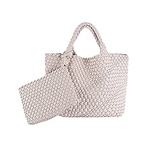 Large Woven Tote Handbags Women Designer Vegan Leather Shoulder Top-Handle Travel Tote Bag Lady Underarm Shopper Bags + Purse Beige