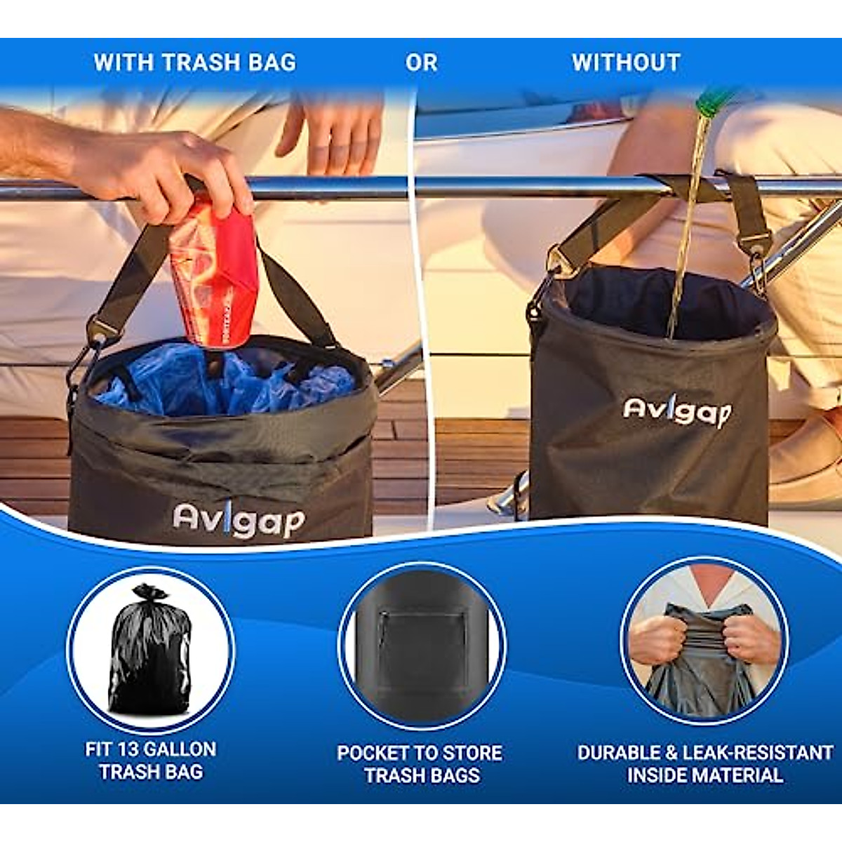 Avigap Boat Trash Can, 100% Odor & Leak Resistant, Portable, Reusable, 10-13 Gal Garbage Bag Snaps Inside, Easy to Install & Clean, Fishing, Sandbar, Kayak, Pontoon Boat Accessories