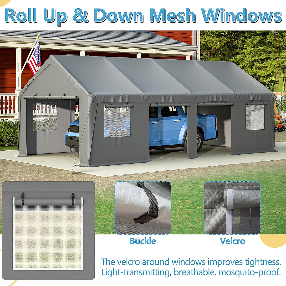 Thanaddo Carport 13'x 25' Heavy Duty Car Port with Roll-up Sidewall and Ventilated Windows with Removable Sidewalls,Portable Outdoor Garage for Car,Truck,Boat,Car Canopy,Gray Carports