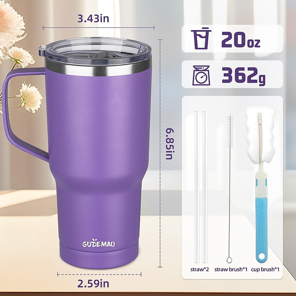 20 oz Insulated Coffee Mug with Ceramic Coating, Stainless Steel Travel Mug Tumbler with Handle Lid and Straw, Double Wall Leak-Proof Thermos Coffee Travel Mug Keeps Drink Hot and Cold (Purple)