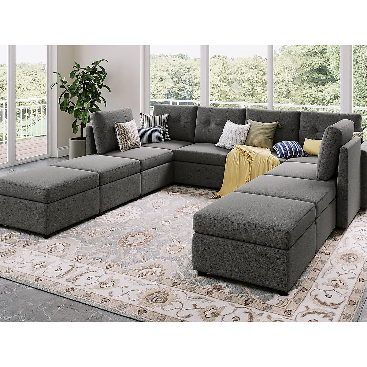 LINSY HOME Oversized Modular Sectional Couch, Rubik III 6 Seats with 4 Ottomans Convertible U Shaped Sectional Sleeper Sofa with Storage, All Covers Changeable Washable, Dark Grey