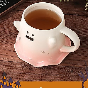 IVYDREVER Pumpkin Mug,Halloween Coffee Cups,Ceramic Coffee Mug, Cute Ghost Coffee Mug with Witch Hat Lid,Pumpkin Mug Ceramic Coffee Mugs and Tea Mug (Elf-Green+Pink)