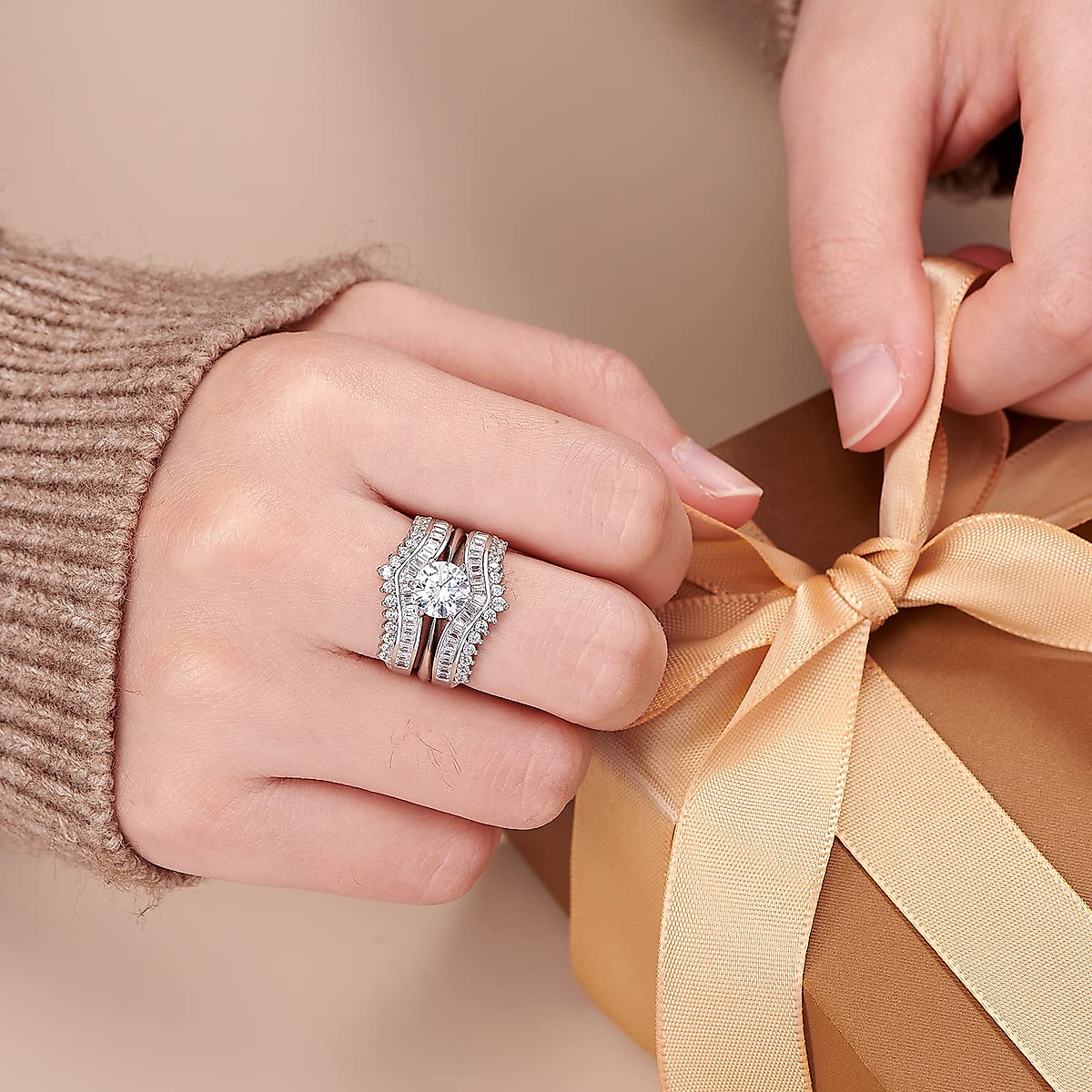 Newshe Jewellery Wedding Rings for Women AAAAA Cubic Zirconia Engagement Ring Enhancer 925 Sterling Silver Round 3Ct Size 7