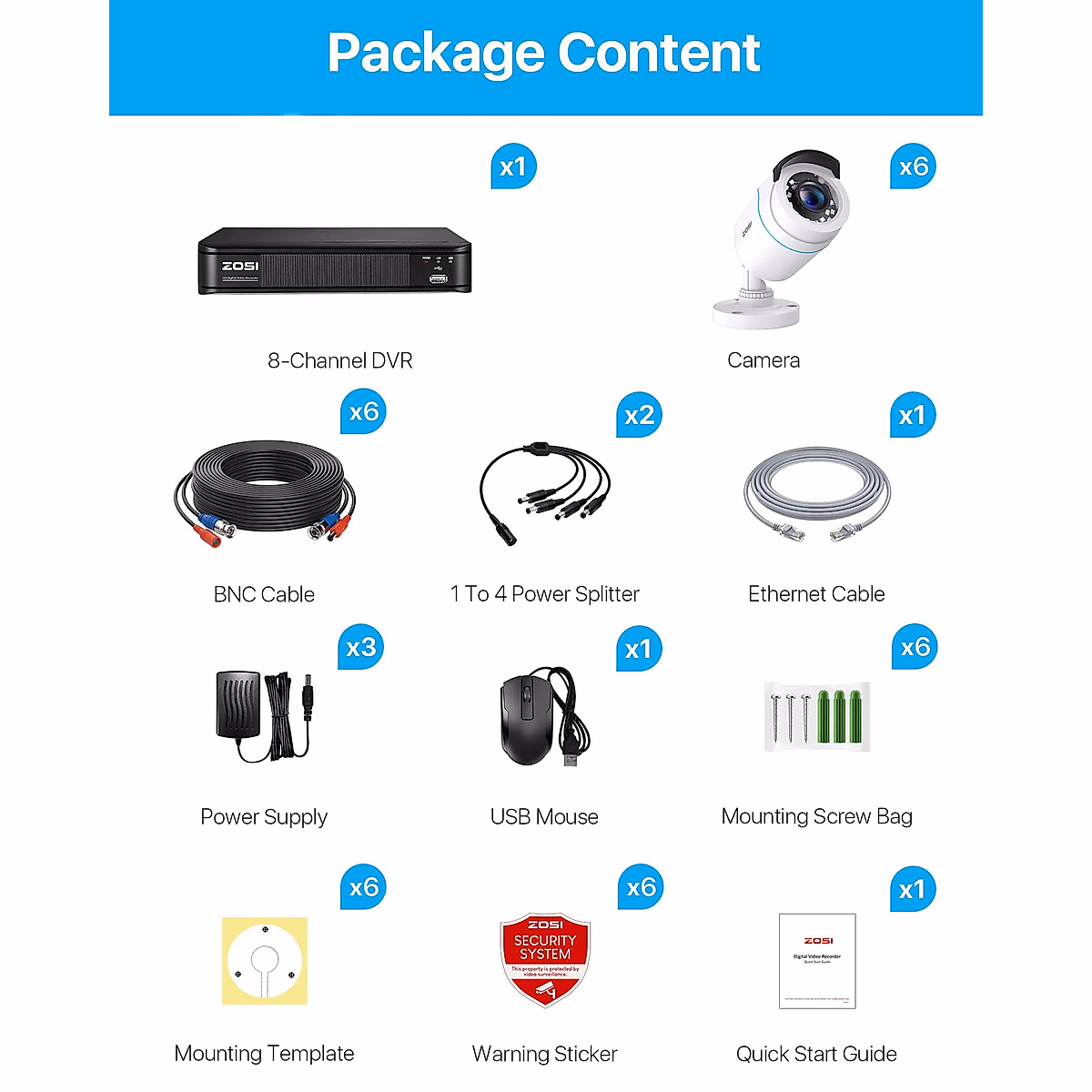 ZOSI 1080p Home Security Camera System Outdoor Indoor, H.265+ 5MP Lite CCTV DVR Recorder 8 Channel with 6 x 1080p Weatherproof Surveillance Bullet Camera, 80ft Night Vision, Remote Access, No HDD