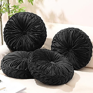 Kathfly 4 Count Round Throw Pillow Velvet Pleated 3D Pumpkin Round Pillow Boho Floor Cushion Couch for Bed Chair Home Car Sofa Decorations, 14.17 x 14.17 Inches (Black)
