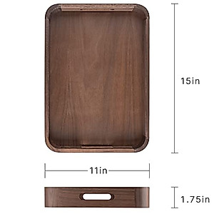 Insunen Rectangle Black Walnut Serving Tray with Handles, Solid Wooden Serving Tray, Decorative Tray, Coffee Table Tray, Food Tray for Eating,Breakfast, Party, Kitchen (14x10x1.95in)