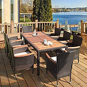 HAPPYGRILL 9 Pieces Patio Dining Set Outdoor Rattan Wicker Dining Set with Cushions, Garden Dining Table Chairs Set with Acacia Wood Table Top & Armrest