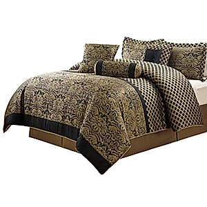 Chezmoi Collection 7-Piece Black/Gold Diamond Floral Medallion Jacquard Woven Comforter Set, California King