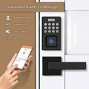 Tinewa Keyless Entry Door Lock with 2 Lever Handles, Fingerprint Entry Door Handleset, Electronic Digital Keypad Deadbolt with App, Auto Lock & One Touch Locking, Front Smart Door Handle Sets, Black
