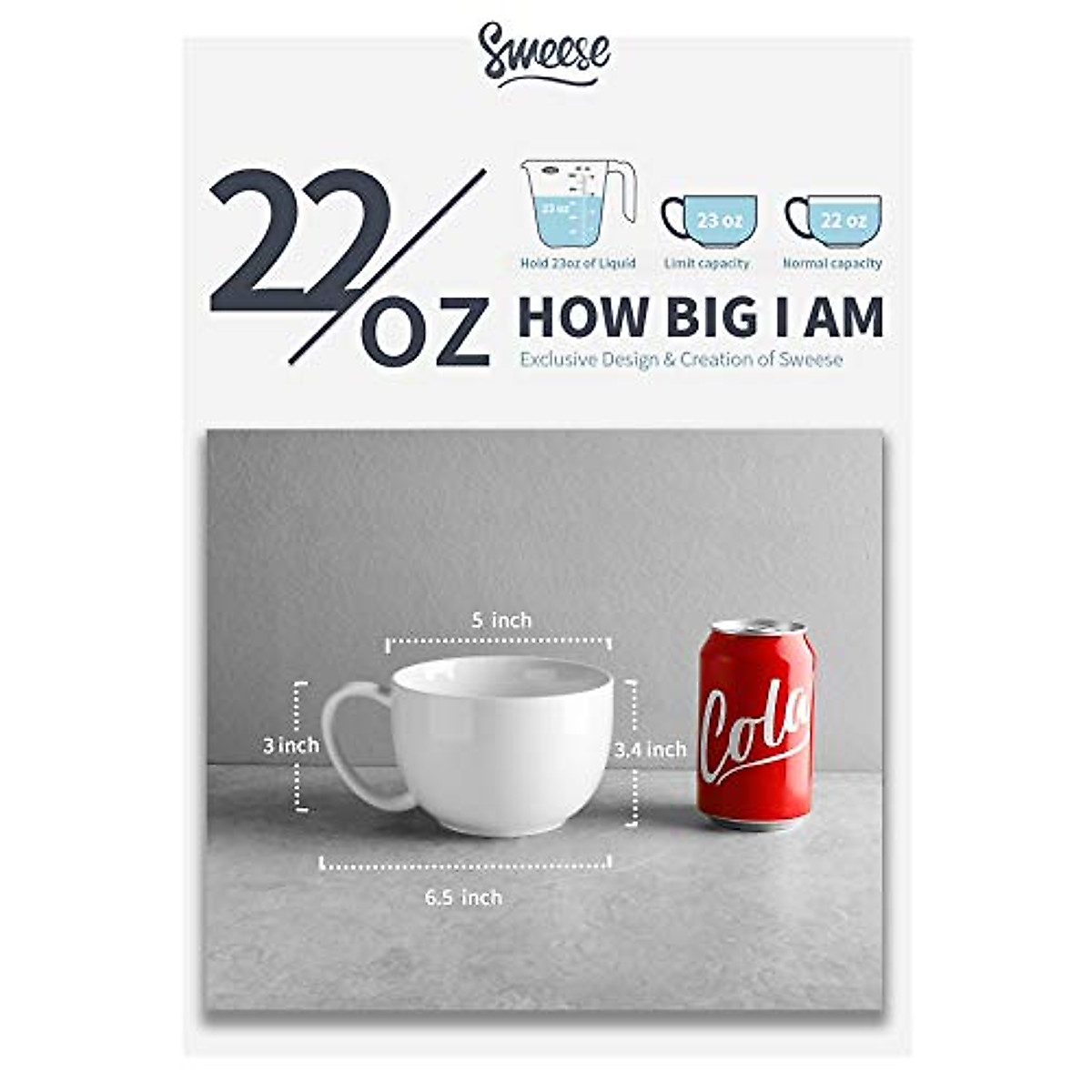 Sweese Porcelain 22oz Large Coffee Mugs Set of 4 - Soup Mug with Handles - Perfect for Hot Chocolate - Microwave Safe - White