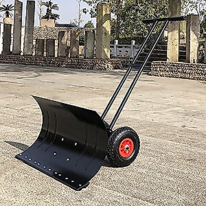 ZhoneQingXninRED Wheeled Snow Pusher Shovel Heavy Duty Rolling with Adjustable Handle & Anti-Skid Wheels and Winter Gloves Removal Tool for Driveway Garden Pavement (29.1x16.5IN )