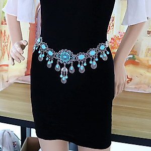 Vintage Flower Turquoise Chain Belts Silver Pear coin Pendant Metal Waist Belt Western Body Jewelry for for Women Dress Vest Jeans for Waistline 25-45inch (Silver Plated)