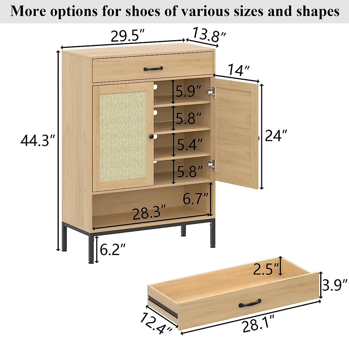 Loomie Rattan Shoe Cabinet, 5-Tiers Shoe Storage Cabinet with Doors, Storage Cabinet with Drawer & Bottom Cubby, 44.3" Tall Boho Shoe Organizer Cabinet for Entryway Hallway Closet (Natural)