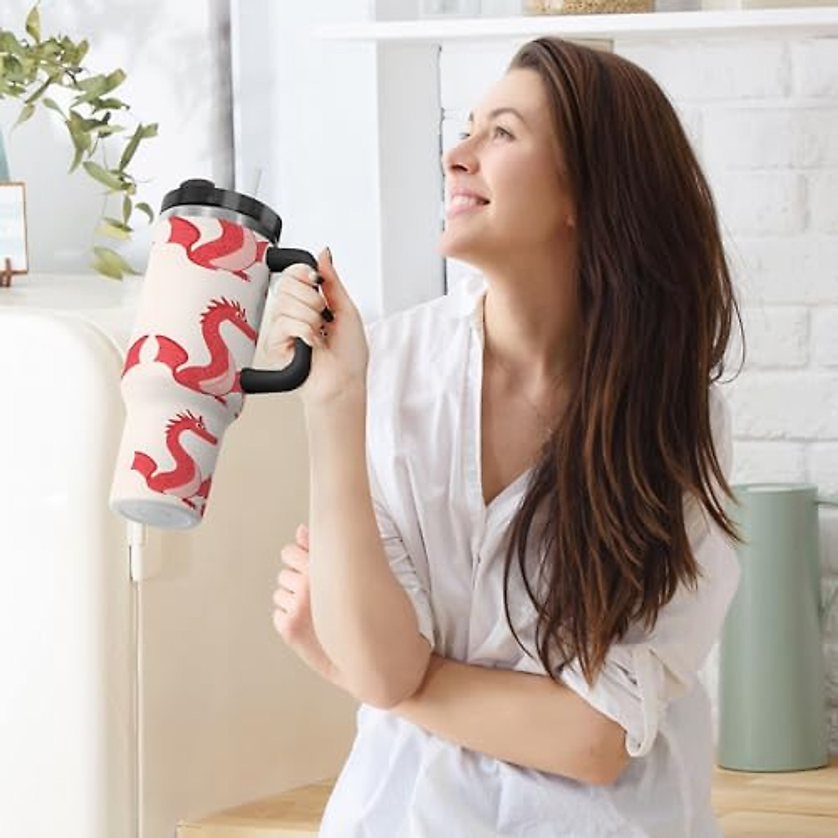 Flradish 30oz Tumbler with Handle, Red Dragon Pattern Stainless Steel Tumbler with Lid and Straws Double Wall Vacuum Insulated Leakproof Coffee Travel Mug