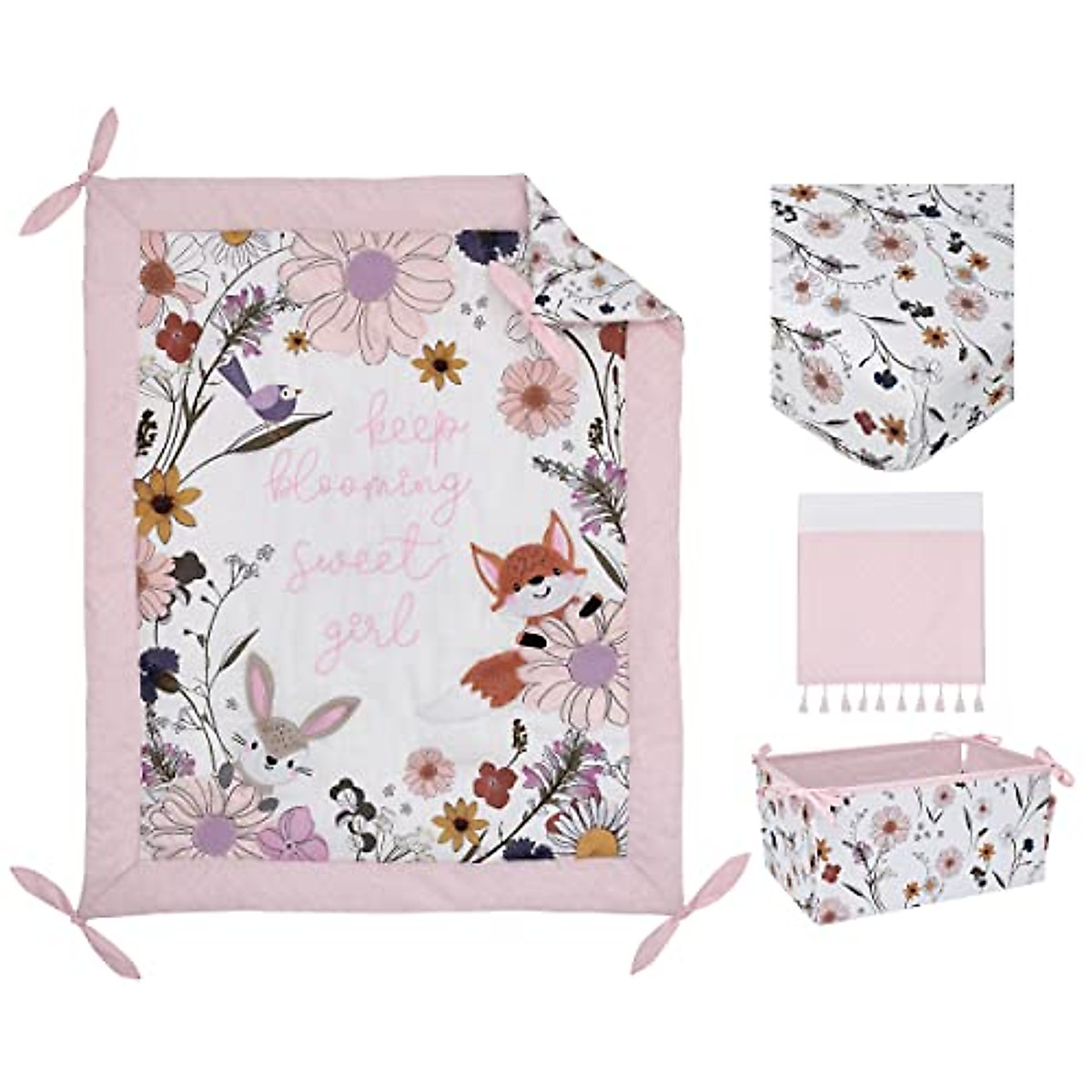 NoJo Keep Blooming Pink, White, Purple and Gold, Flowers, Fox, Bunny and Birds "Keep Blooming Sweet Girl" 4 Piece Nursery Crib Bedding Set - Comforter, 100% Cotton Fitted Crib Sheet, Crib Skirt