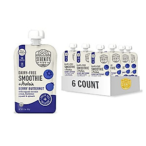 Serenity Kids 6+ Months Dairy-Free Smoothie Baby Food | USDA Organic | Grass Fed Collagen Protein | 3.5 Ounce BPA-Free Pouch | Berry Butternut | 6 Count
