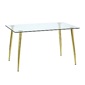 Henf Rectangular Glass Dining Table for 4-6 Persons, 0.31" Thick Tempered Glass Tabletop and Plating Metal Legs, Glass Writing Table Desk, 51 Inch Dining Table for Kitchen Living Room (Gold)
