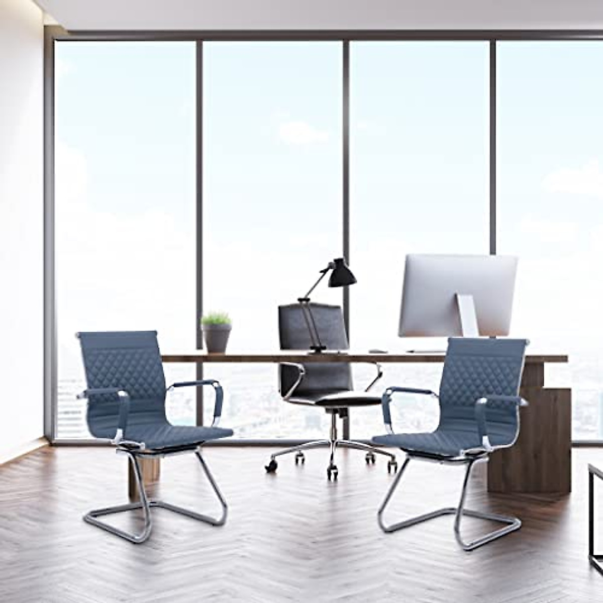 RIVOVA Office Guest Chairs Set of 8, Reception Chairs Conference Room Chairs with Arms & Sled Base, Modern Mid Back PU Leather Computer Chairs Desk Chairs no Wheels, Navy