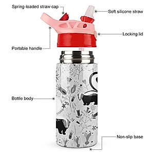 Black White Skunks Floral Flowers Vintage Old Retro Style Stainless Steel Water Bottle, Leak-Proof Hot Cold Travel Mug with Handle Cup Bottle 16.9 Oz, Coffee Mug with Red Straw Lid