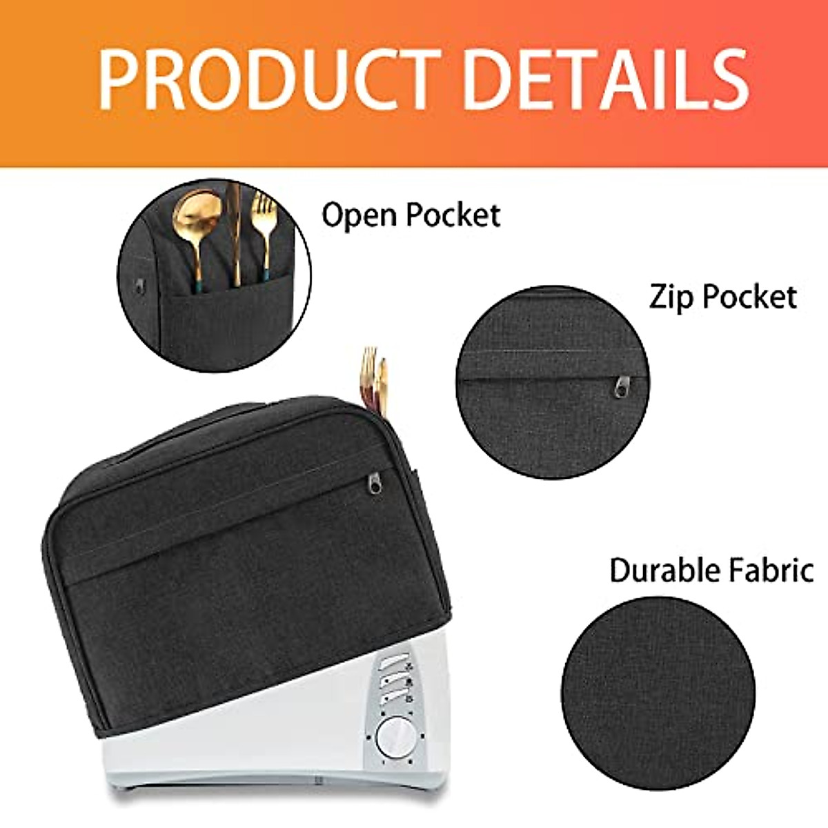 4 Slice Toaster Cover, Toaster Bags with Pockets, Bread Toaster Oven Dustproof Cover, Toaster Storage Bag, Appliance Covers For Kitchen Small Appliance, Fingerprint Protection, Gift for Women (M, Black)