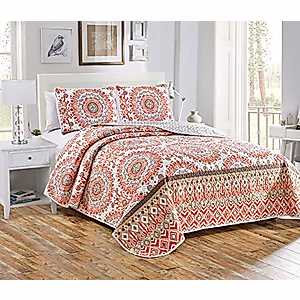 Home Collection 3pc King/California King Quilted Bedspread Set Floral Bedding Coral Salmon Sage Green Grey Taupe New