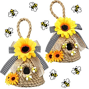 2 Pieces Mini Beehive Farmhouse Bee Hive Decor Bee Tiered Tray Decor Spring Summer Shelf Sitter Bee Kitchen Decor with Sunflower Bee Home Decor Decorative Honey Bee Decorations for Home Shelf Decor