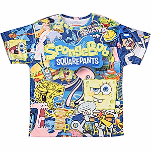 Mens Spongebob Squarepants Classic Shirt - Spongebob, Patrick & Krusty Krab Sublimated Allover T-Shirt (White, X-Large)