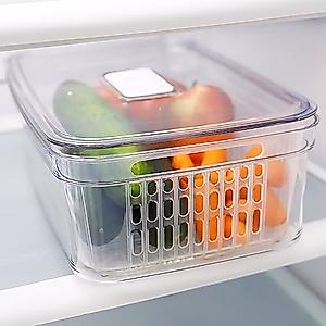 Home Basics Clear Fruit and Vegetable Fridge Storage Container Medium Produce Saver with Lid and Removable Colander | Adjustable Air Vent on Lid